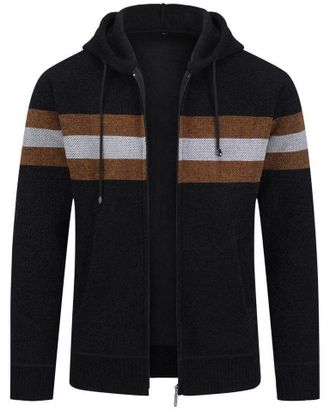 AlltheMen Cardigan mit Kapuze Strickjacke Herren gef&uuml;tterte Winterjacke Kontraststreifen