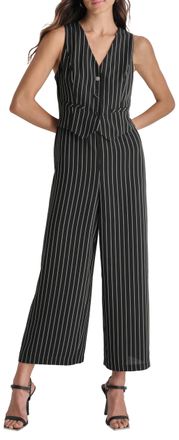 DKNY Womens Sleeveless Vest Jumpsuit, Black/Ivory, Size 34