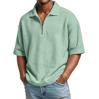 Generic Polo de sport pour homme avec fermeture &eacute;clair quart de fermeture &eacute;clair - Couleur unie - Haut gaufr&eacute; uni - T-shirt de sport &agrave; manches courtes - T-shi