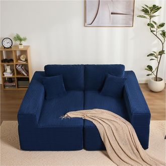 Generic Rahmenloses Bodensofa, Modulares L f&ouml;rmiges Ecksofa, mit Schlaffunktion, Cordstoff, Hautfreundlich und komfortabel, montagefrei, Zum Lesen(Navyblau,Sy