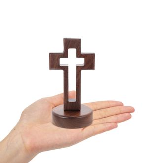 Angoily Holzdekoratives Kreuz Ornament mit Rundem Sockel aus Schwarzem Walnuss-Holz Glatte Oberfl&auml;che Langlebig Sicherer Griff als Religi&ouml;se Tischdekoration f