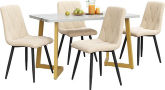Generic Essgruppe 5-teilig für 4 Personen Rechteckiger Esstisch mit 4 Beige Twill Samt Stühlen Set für Esszimmer Wohnzimmer Küchen Sitzgruppe Golden Tischbein