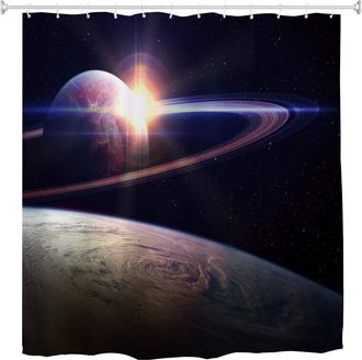 A.Monamour Duschvorhang Fantastischer Sonnenaufgang Im Weltall Fantasy Planet Galaxie Weltraum Universum Abstrakter Wasserdichter, Langer, Dicker Stoff Duschvorh