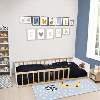 TERRE DE NUIT Lit enfant inspiration Montessori au sol &agrave; barreaux naturel et blanc 90x190