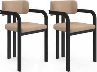 IDMarket Set aus 2 Esszimmerst&uuml;hlen, ESMA Tischsessel aus schwarzem Metall und taupefarbenem Samt mit Armlehnen