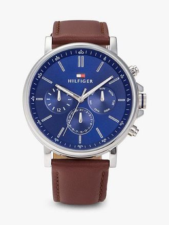 Tommy Hilfiger Montre en cuir marron &agrave; cadran bleu marine