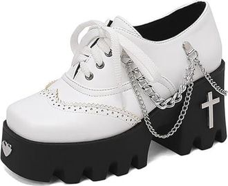 Generic Chaussures Oxford &agrave; Plateforme pour Femmes Fermeture &agrave; Lacets Talons carr&eacute;s &eacute;pais Bout carr&eacute; Design Bicolore ou cha&icirc;ne m&eacute;tallique Semelle crant&eacute;e &eacute;pai