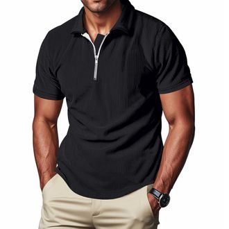 AlltheMen Herren Poloshirt mit Reißverschluss Polo T-Shirts Kurzarm Polohemd Cord Sommer Golf Shirt Schwarz XXL