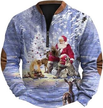 Generic Pull à col rond pour homme - Style décontracté - Imprimé de Noël 3D - Fermeture éclair - Manches longues - Sweat à capuche décontracté, bleu, 3XL