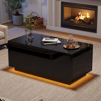 Generic Moderne Multifunktionale Hebe-Couchtisch mit hydraulisch Verstellbarer Tischplatte, 2 Schubladen und LED-Beleuchtung, Lift-Top für Wohnzimmer und Sofa