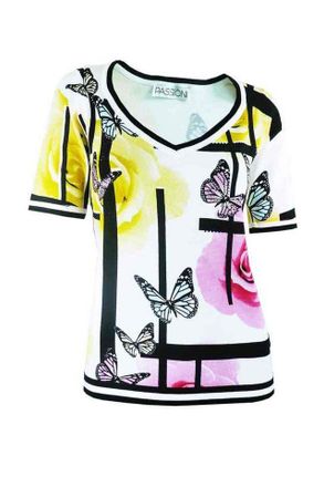 Passioni T-Shirt mit V-Ausschnitt und Geometrischem, Floralem Schmetterlings-Print-Mix