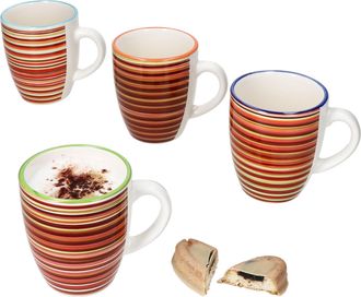 MamboCat Linea 4er Set Kaffeebecher I 320 ml I mediterrane gestreifte Steingut-Becher mit Henkel & 4 farbigen Rändern für 4 Personen I Tassen für Heißgetränke 