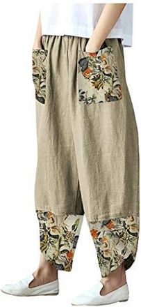 Generic Pantalon Lin Femme Imprim&eacute; Pantalon 7/8 Taille Haute Elastique Ample Longueur Pantalons &Eacute;t&eacute; Sport Pants de Plage avec Poche