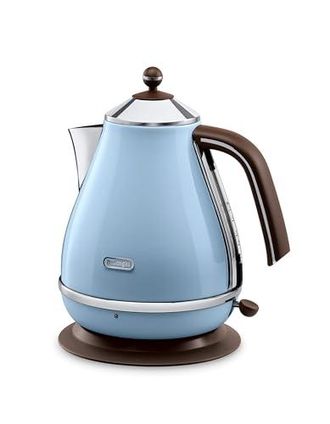 DeLonghi Wasserkocher Icona Vintage KBOV2001.AZ - 1,7 l mit Wasserstandsanzeige und 360° Basis, Edelstahl in elegantem Retro Look mit Chrom-Details, blau, 23x2