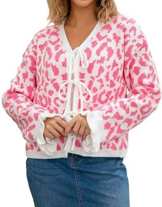 Generic 2026 - Vestes &agrave; manches longues pour femmes, imprim&eacute; floral, ouverture sur le devant, col en V, rose, XL