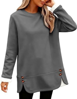 Generic Sweat-shirts en polaire pour femme - Sweat long doubl&eacute; en polaire - Doux et chaud - Col rond - Surdimensionn&eacute; - Confortable - Sans capuche - Pull ther