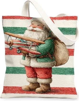 Generic Sacs fourre-tout en toile motif P&egrave;re No&euml;l, sacs de courses r&eacute;utilisables, l&eacute;gers et lavables &agrave; rayures festives en toile pour cadeaux, voyage, plage, 