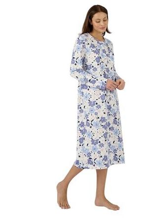 Damart Chemise de Nuit Maille c&ocirc;tel&eacute;e, int&eacute;rieur l&eacute;g&egrave;rement gratt&eacute; Femme Bleu Imprim&eacute; Taille 38-40 (S)