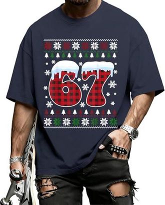 Generic Chemise de No&euml;l pour homme - Col rond &agrave; carreaux 67 | Coupe ample en coton - V&ecirc;tements d&eacute;contract&eacute;s - pour f&ecirc;te, bleu marine, 3XL