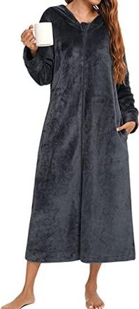 QIYUN.Z Femmes Longues Plus La Taille Épais Chaud Sleepshirts Hiver Polaire Fermeture Éclair Chemises De Nuit Gris foncé XL