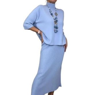 Generic Ensemble deux pi&egrave;ces &eacute;l&eacute;gant : pull et jupe midi en maille. Haut d&eacute;contract&eacute; en maille et jupe c&ocirc;tel&eacute;e. (Blue,3X-Large)