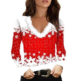 Generic Chemise de Noël pour femme avec bordure en fausse fourrure et col en V - T-shirt de Noël amusant à manches longues sans capuche - Chemisier fantaisie 