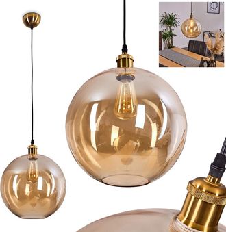 HOFSTEIN H&auml;ngeleuchte Lololo, 1-flammige Pendellampe aus Metall in altmessingfarben, Vintage/Retro Look Zimmerlampe mit Glasschirm in bernsteinfarben, 1 x E27,