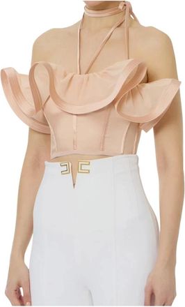 Elisabetta Franchi Femme, Tops, Beige, Taille: 38 FR Top Bandeau avec Maxi Volant
