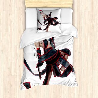 Abakuhaus Anime Bettbezug Set, Krieger Art-Mädchen, Milbensicher Allergiker geeignet mit Kissenbezügen, 135 cm x 200 cm - 80 x 80 cm, Rot, Weiß und Schwarz