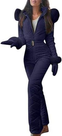 TOMWELL Combinaison de Ski Femme Fille Hiver Chaud Peluche Capuche Overall Neige Ext&eacute;rieur Sports Pantalon Ski Suit Imperm&eacute;able Jumpsuit Bleu Fonc&eacute; M