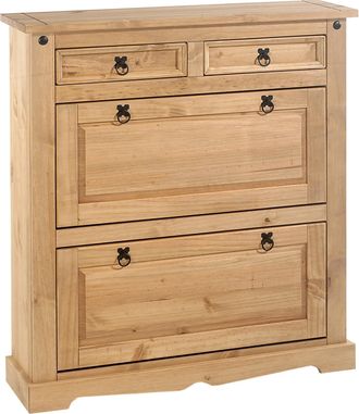 IDIMEX Mexiko Möbel Schuhkipper Schuhschrank Schuhkommode Schuhregal Tequila 2 Klappen 2 Schubladen Flur Diele Kiefer massiv gebeizt Mexico