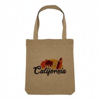 Fabulous Sac Shopping Tote Bag Aspect Lin - California Am&eacute;rique Soleil Plage - Sac de Courses Toile Epaisse 360g Beige Naturel Cabas Port&eacute; Epaule Solide Imprim
