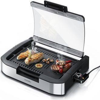 Arendo Gourmet Tischgrill mit Glasabdeckung - Elektrogrill - Barbecue - f&uuml;r Steaks, W&uuml;rstchen, Fisch, Meeresfr&uuml;chte, Gem&uuml;se, Pilze u.v.m. - Arendo