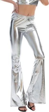 Generic Pantalon &eacute;vas&eacute; brillant en similicuir m&eacute;tallique pour femme avec bas cloche, pantalon &agrave; jambe large iris&eacute; pour festival, performance, f&ecirc;te, club, rave