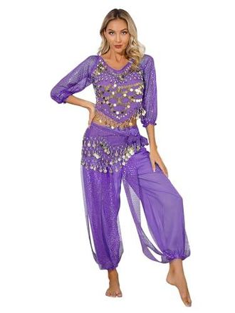 TiaoBug Femme D&eacute;guisement Indienne Princesse Robe de Danse du Ventre Paillette Haut Top de Danse Orientale et Harem Pantalon Costume Carnaval Halloween Violet