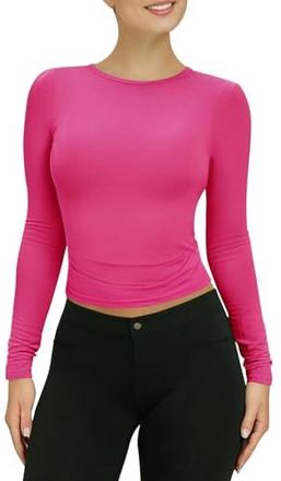 Generic Hauts en coton pour femme - Haut &agrave; manches longues en coton - D&eacute;contract&eacute; - Couleur unie - Col rond - Coupe ajust&eacute;e - Pull extensible et l&eacute;ger, rose v