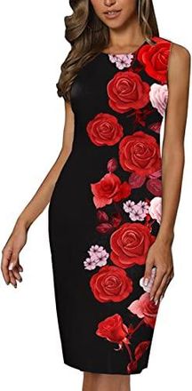 Generic Robes amincissantes d&eacute;t&eacute; d&eacute;contract&eacute;es sans manches dos imprim&eacute; floral contrast&eacute; &agrave; carreaux rouge col rond soir&eacute;e mince 2026, rose, XXL