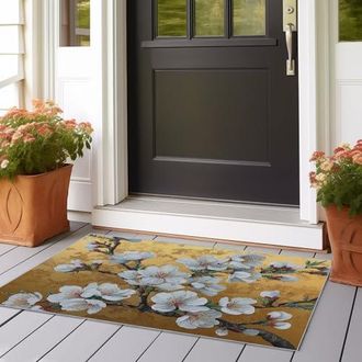 Generic Tapis de Couloir Long 65 x 240 cm Tapis de Passage Antid&eacute;rapant Doux Microfibre - Aquarelle Plantes Printani&egrave;res Abricotier Fleurs Passage Couloir pou