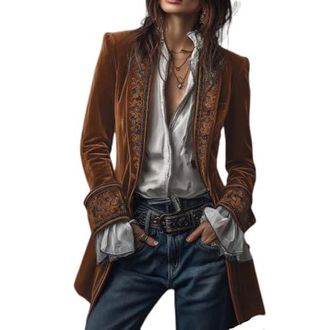 Generic Veste vintage en velours brod&eacute; pour femme, coupe ajust&eacute;e, tendance, l&eacute;g&egrave;re, gothique, dentelle, pirate, Orange, XXL