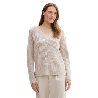 Tom Tailor Damen RIPP Strickpullover mit V-Ausschnitt, 25955 - Dusty Beige Melange, L