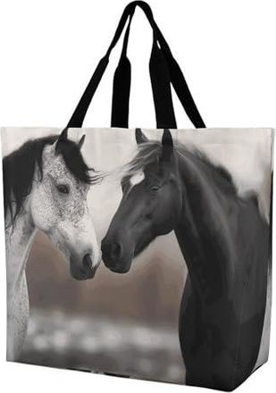 Generic Chevaux Noirs Et Blancs Sac Courses Pliable Sacs De Courses Imperm&eacute;able Sac &Agrave; Bandouli&egrave;re Pour Shopping Plage Travail