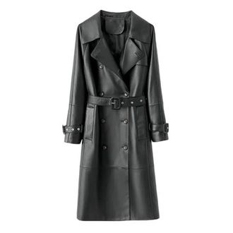 Generic Trench long en peau de mouton noir pour femme - Veste en cuir v&eacute;ritable &agrave; double boutonnage &agrave; revers crant&eacute; &agrave; lacets, Noir, L