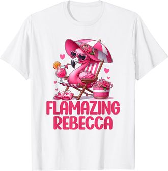 BDAZ Flamazing Rebecca Pink Flamingo Tropical Beach Scene Damen T-Shirt