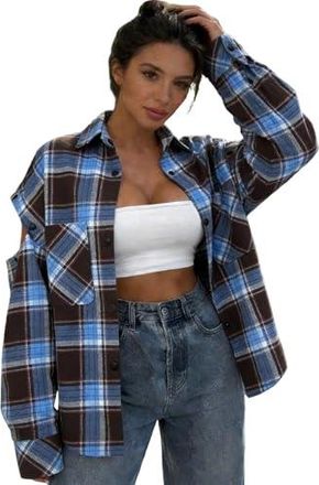 Generic DUHENWU Chemise &agrave; carreaux &agrave; manches longues pour femme - Chemise de loisirs boutonn&eacute;e - Coupe droite - D&eacute;contract&eacute;e - Col en V - Chemise daffaires - 