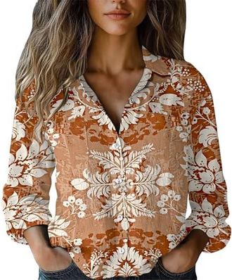 Generico Chemise Femme d&Eacute;t&eacute; D&eacute;contract&eacute; &agrave; Manches Longues Chemises Coton Et Lin &Eacute;l&eacute;gant Respirant Blouse Col en V L&eacute;ger T Shirt Vintage Imprim&eacute; avec Boutons Mo