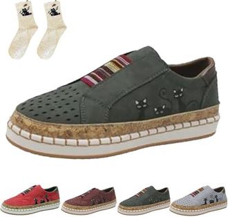 Generic Rayootd Chaussures orthopédiques pour femme avec chats, chaussures plates décontractées creuses légères à enfiler, chaussures de chat noires, Vert, 39