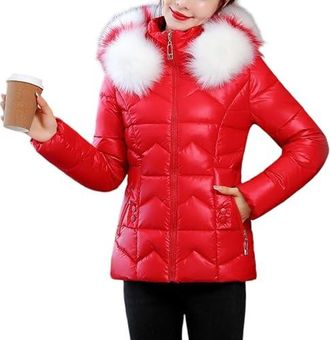 Generic Veste &agrave; capuche en fausse fourrure pour femme - Coupe ajust&eacute;e - Avec capuche en fausse fourrure - Avec fermeture &eacute;clair - Manteau dhiver court brillan