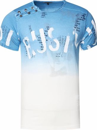 Rusty Neal Herren T-Shirt mit Seitlicher Knopfleiste Verwaschen mit Farbverlauf Rundhals Stretch Herren-T-Shirt Casual Fit 288, Farbe:Blau, Gr&ouml;&szlig;e S-XXL:XXL
