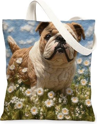 Generic Sac fourre-tout en toile motif bouledogue printanier 33 x 38,1 cm, style tricot&eacute;, sac d&eacute;picerie r&eacute;utilisable pour femme, animal de compagnie, plage, e