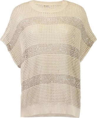 Brunello Cucinelli Femme, Pulls, Beige, Taille: 42 FR Short Sleeve Striped Knit